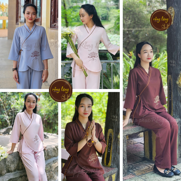 Bộ pháp phục đồ lam đi chùa vạt chéo may dính liền, vải lụa kate Hàn c ...