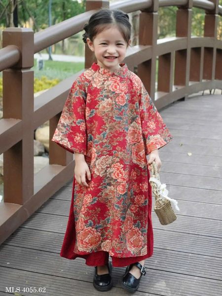 Bộ áo dài BG Hoa Mẫu Đơn Đỏ 13-45kg – ĐIỆU KIDS- Áo dài mẹ&bé Điệu