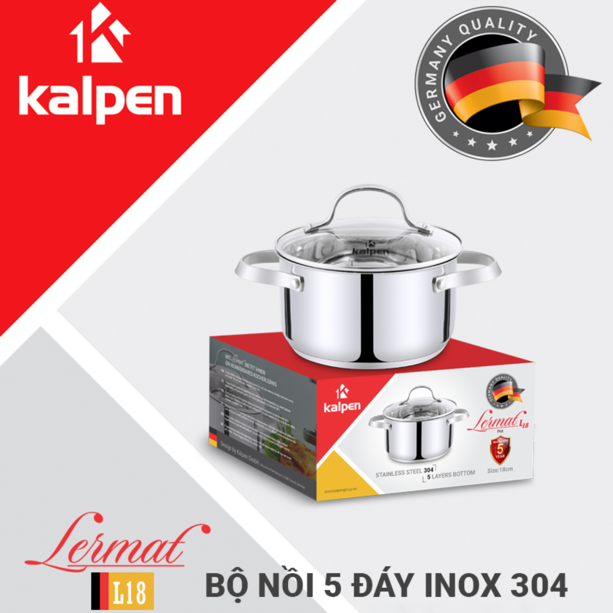 Nồi Inox cao cấp 5 đáy Lermat, L18 – De Ed