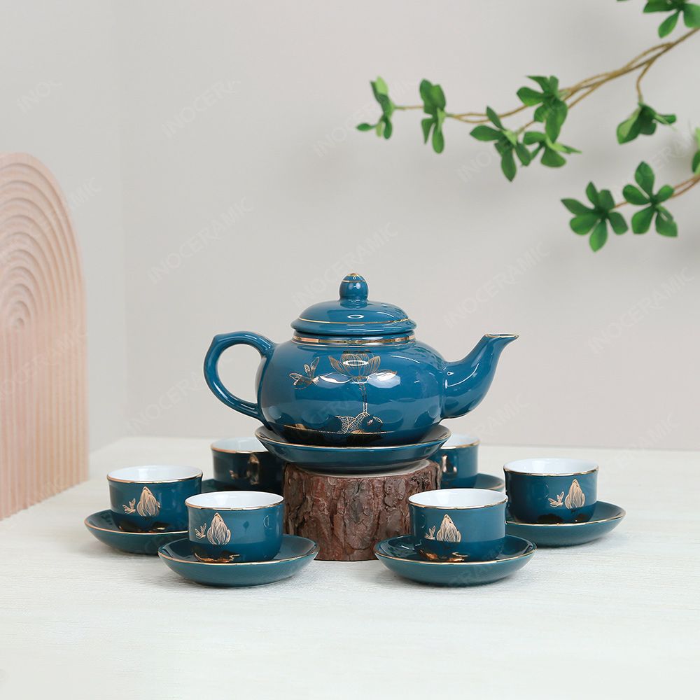 Bộ ấm trà ba men lam sen vàng in logo – Quà tặng in logo giá xưởng