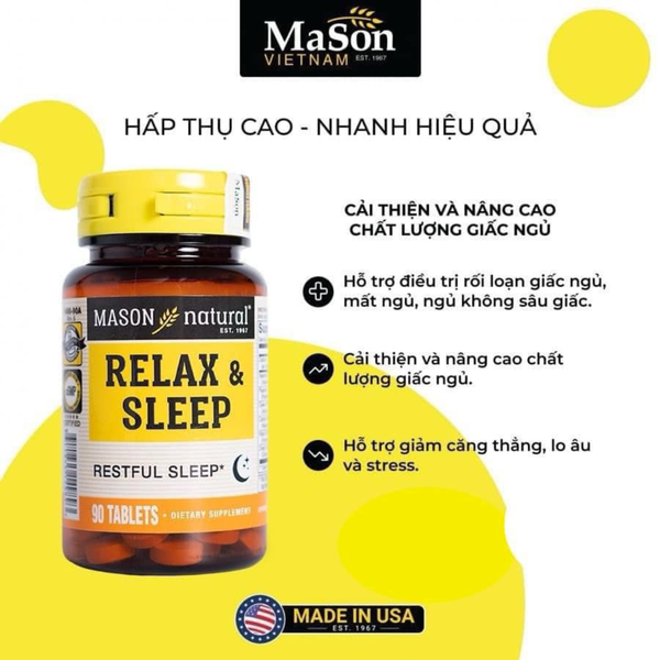 Mason Relax & Sleep - Ngủ ngon, giảm lo âu Mỹ - Lọ 90 viên