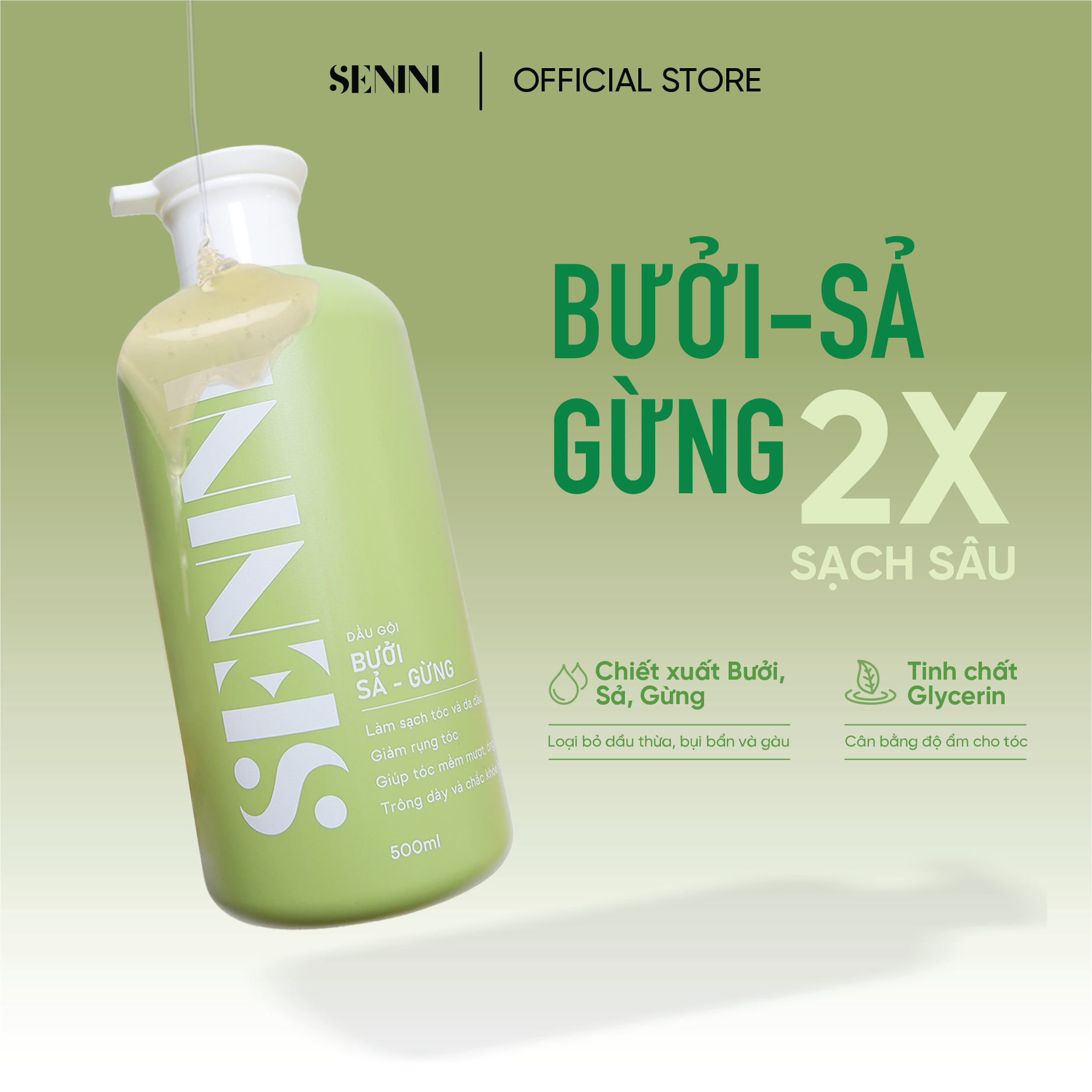 Dầu Gội Bưởi Sả Gừng 500ml SENINI Làm Sạch Da Đầu Giảm Gàu Ngăn Ngừa R