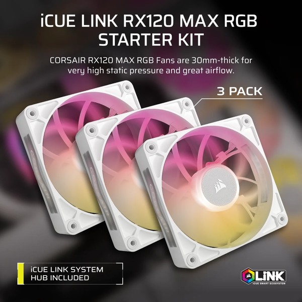 Bộ 3 quạt máy tính Corsair iCUE LINK RX120 RGB MAX White CO-9051038-WW – TH Digital