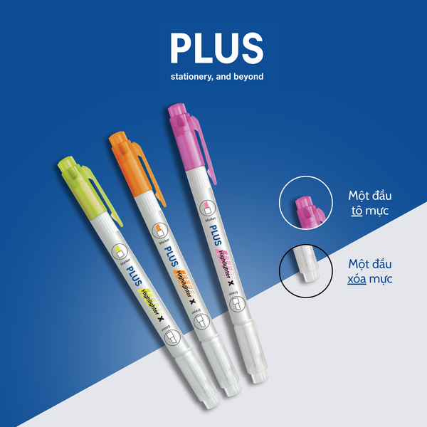 Set Bút Highlight PLUS 3 Màu – Cam, Hồng, Vàng | Có Đầu Xóa Mực – Plus ...
