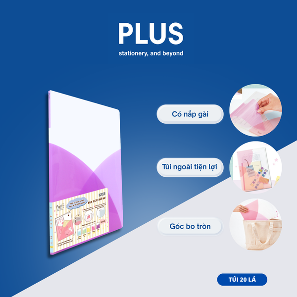 Bìa Hồ Sơ PLUS Pasty 20 Lá – Có 2 Túi Cài, Nhựa PP An Toàn – Plus Việt Nam - Văn phòng phẩm
