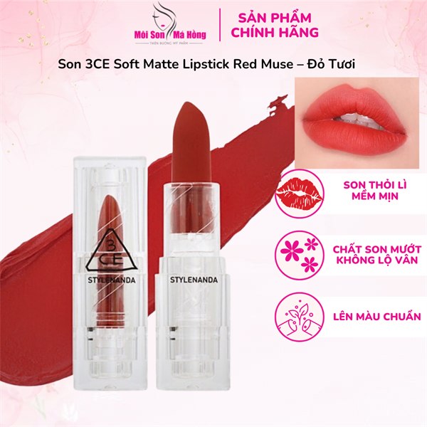 Son Thỏi 3CE Soft Matte Lipstick Red Muse Đỏ Tươi Ánh Cam - MÔI SON MÁ HỒNG