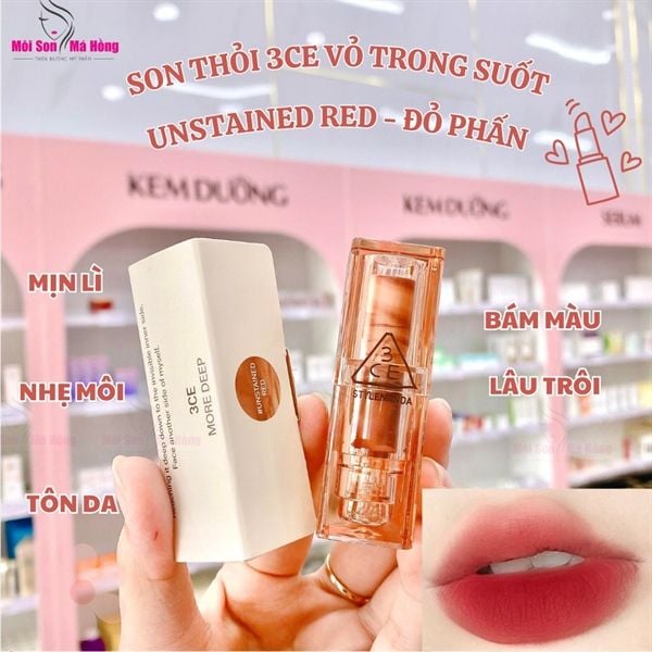Son Thỏi 3CE Vỏ Trong Suốt Unstained Red - Đỏ Phấn 3.5g - MÔI SON MÁ HỒNG