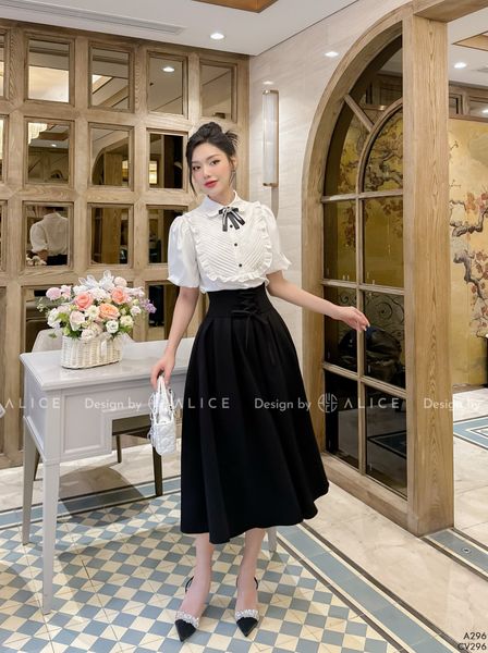 Set Áo Sơ Mi Chân Váy Dài ALICE Đồ Công Sở Tay Phồng Xếp Ly Ngực Kèm C ...